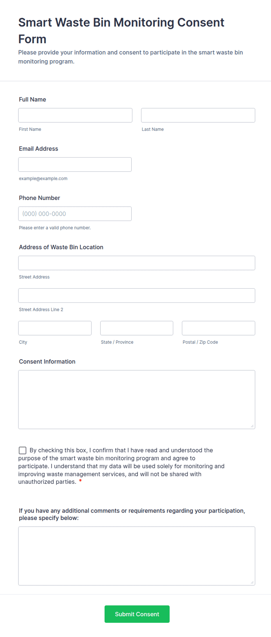 Smart Waste Bin Monitoring Consent Form Template | Jotform