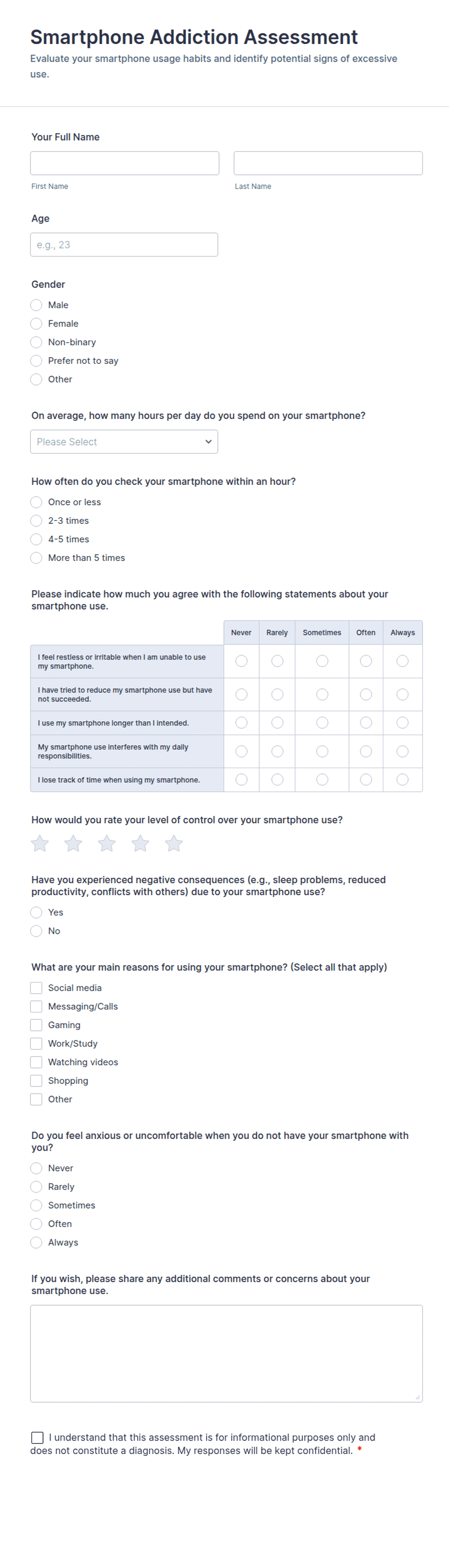 Smartphone Addiction Assessment Form Template | Jotform