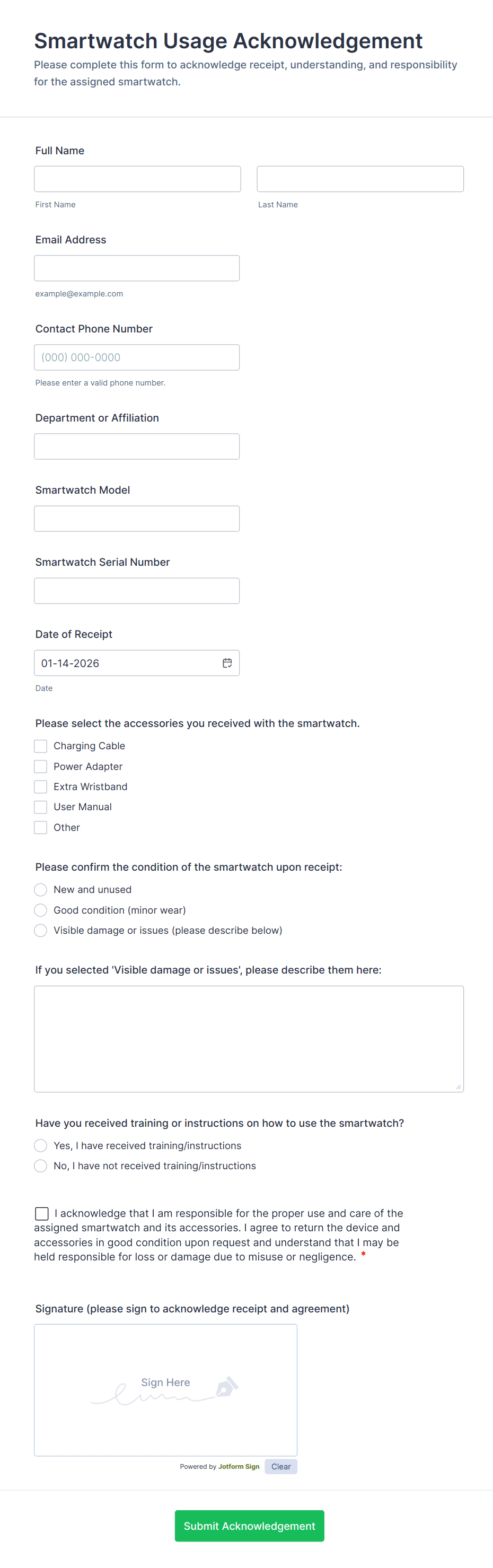 Smartwatch Usage Acknowledgement Form Template | Jotform