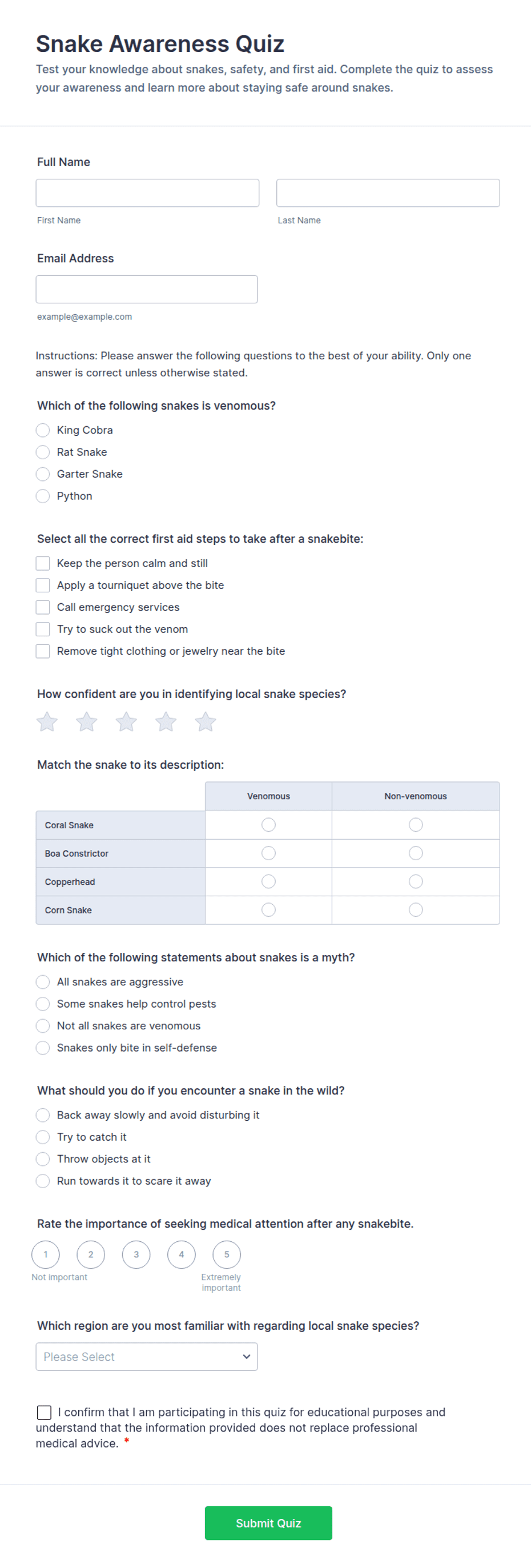 Snake Awareness Quiz Form Template | Jotform