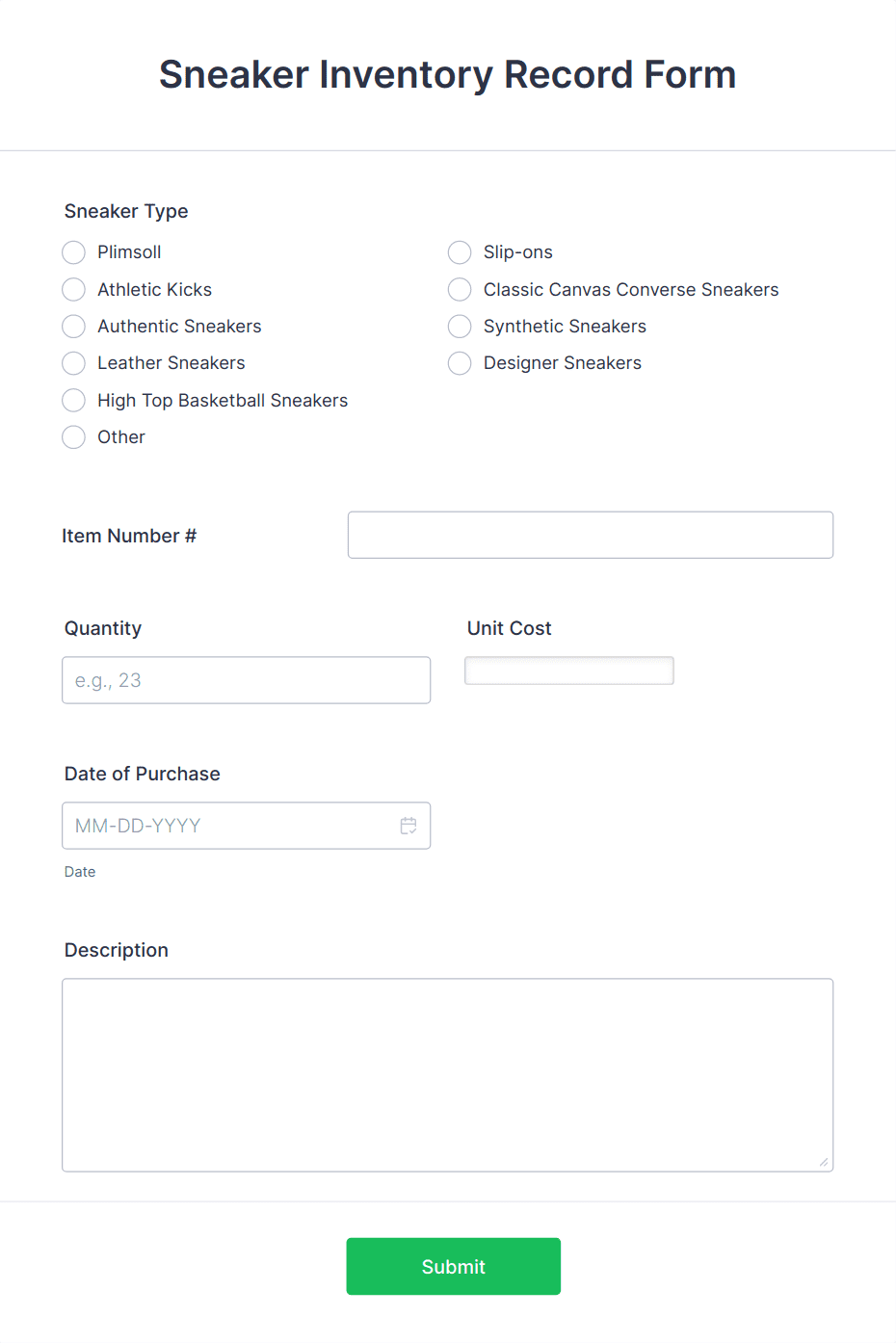 Sneaker Inventory Record Form Template | Jotform