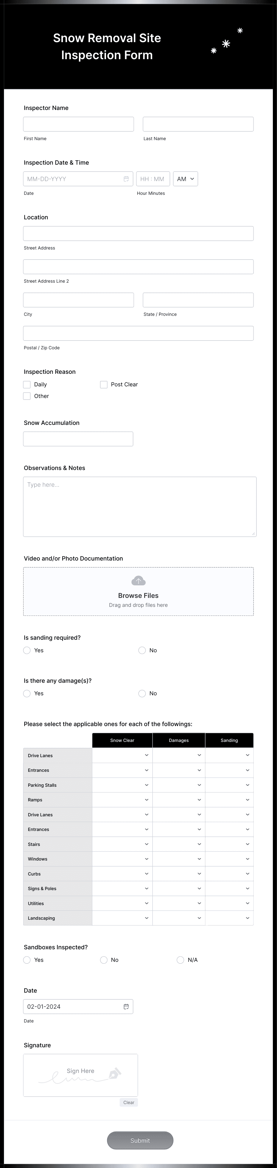 Snow Removal Site Inspection Form Template | Jotform