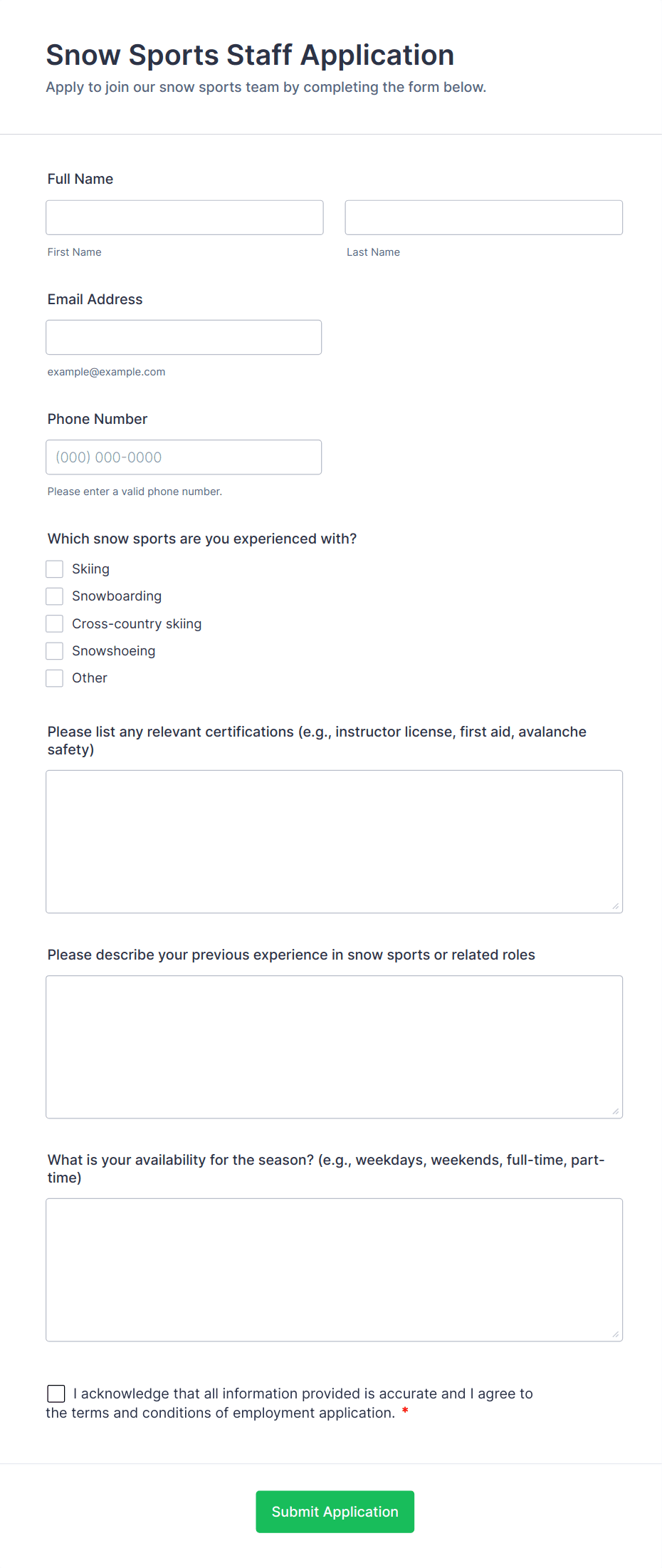 Snow Sports Staff Application Form Template | Jotform