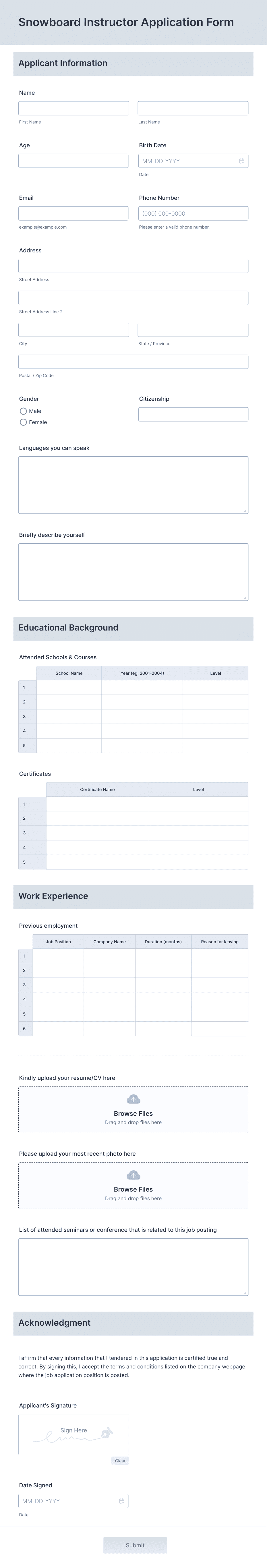Snowboard Instructor Application Form Template | Jotform