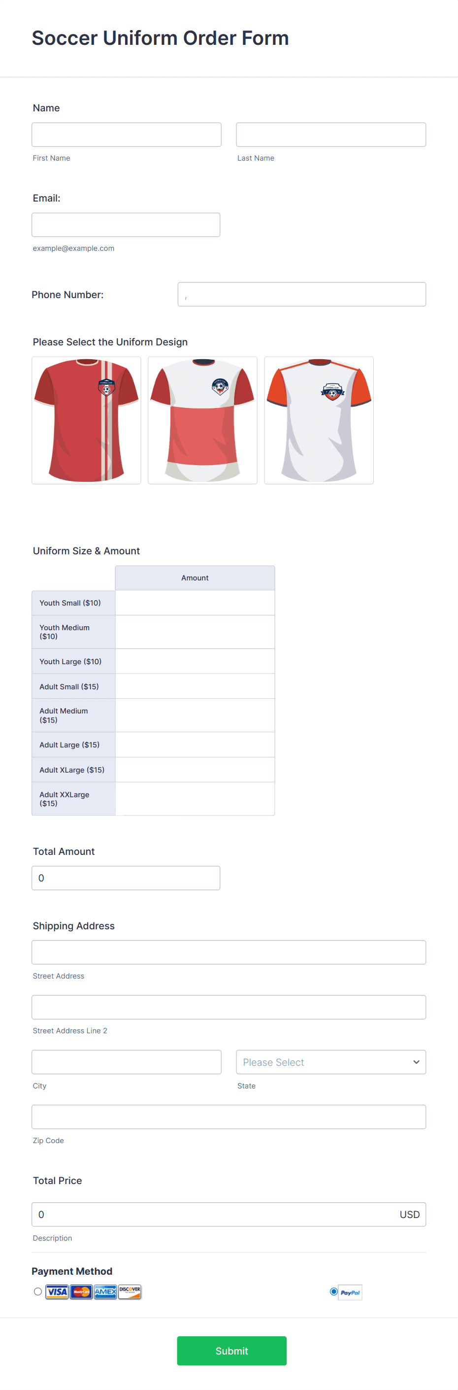 Soccer Uniform Order Form Template | Jotform