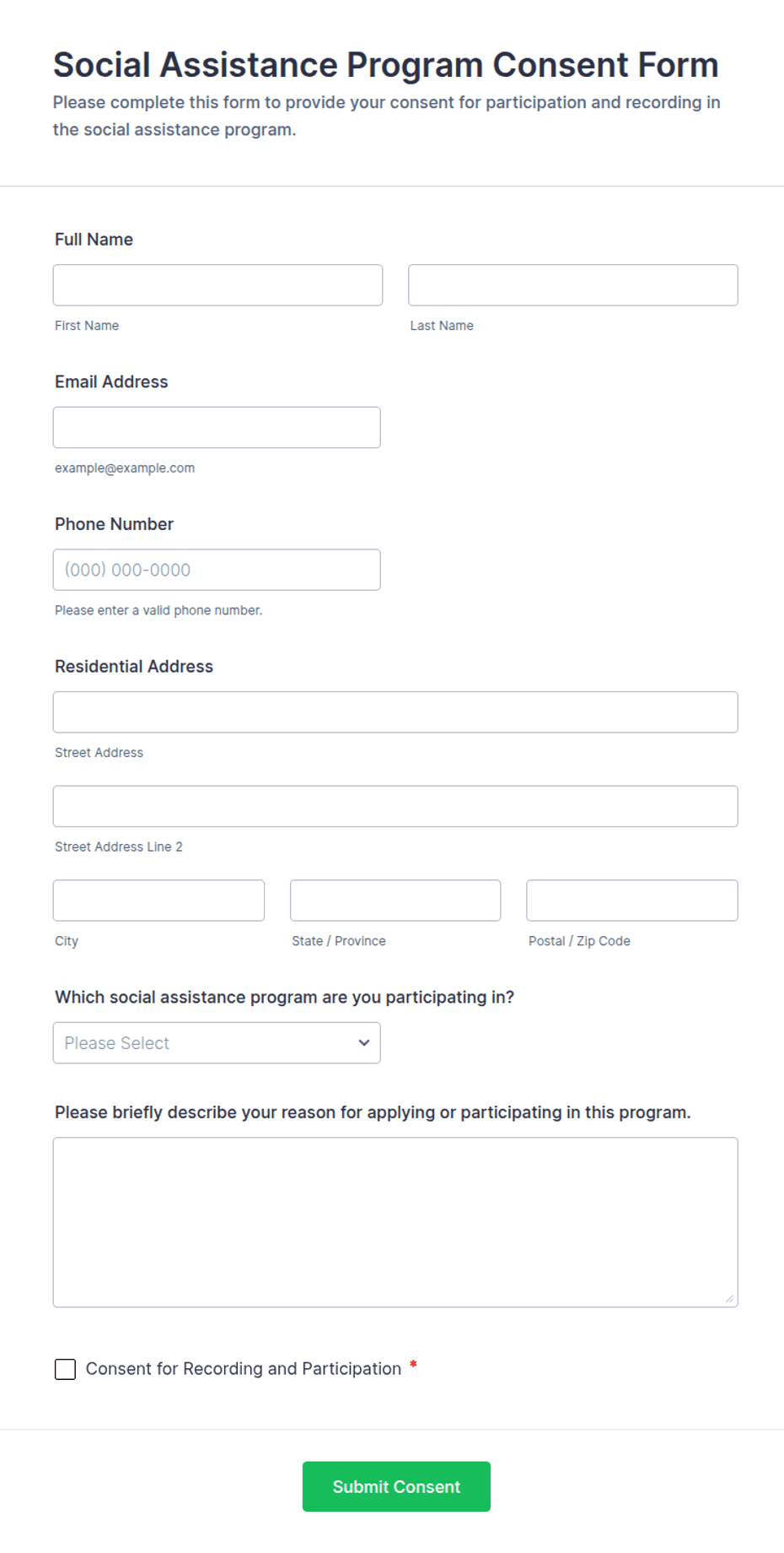 Social Assistance Program Consent Form Template | Jotform