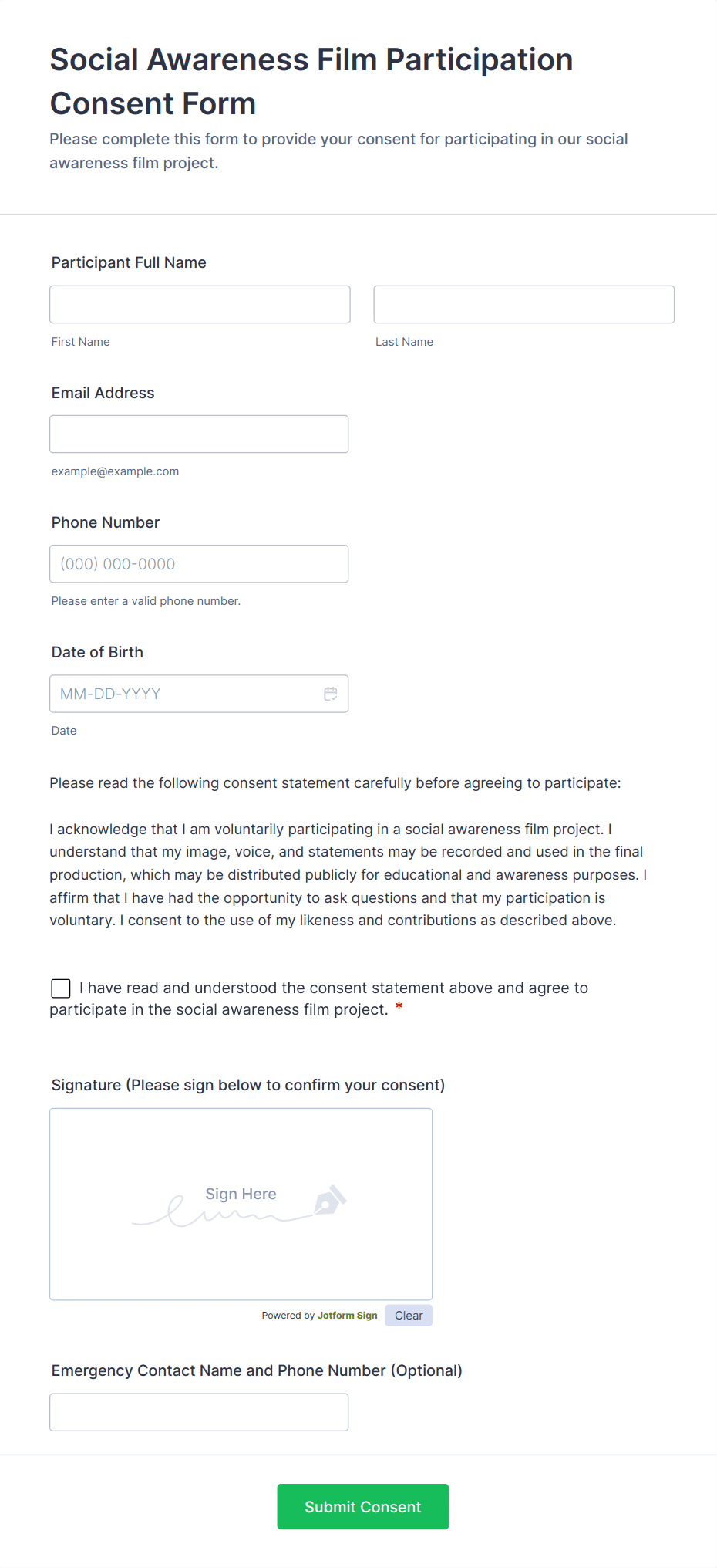 Social Awareness Film Participation Consent Form Template | Jotform