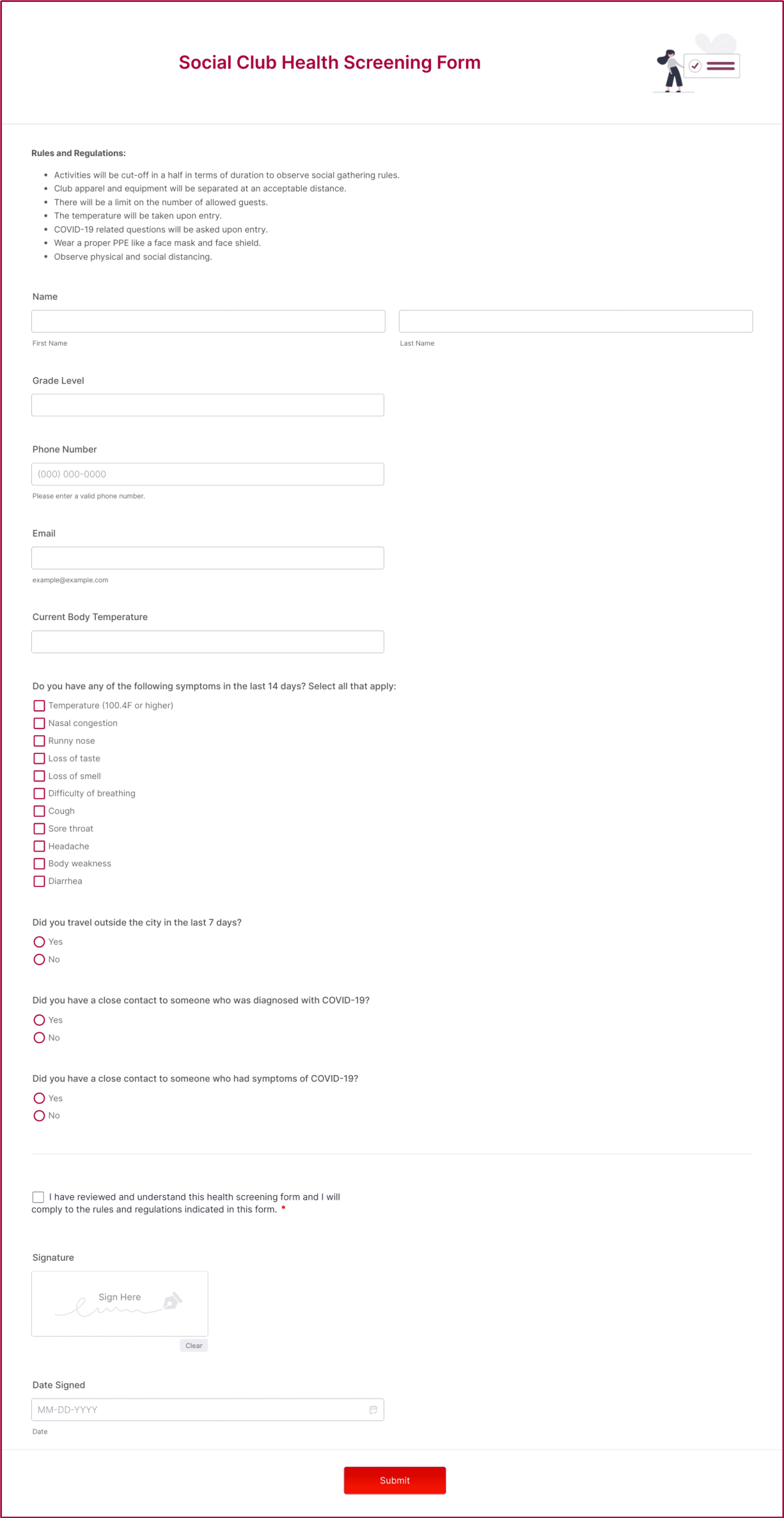 Social Club Health Screening Form Template | Jotform