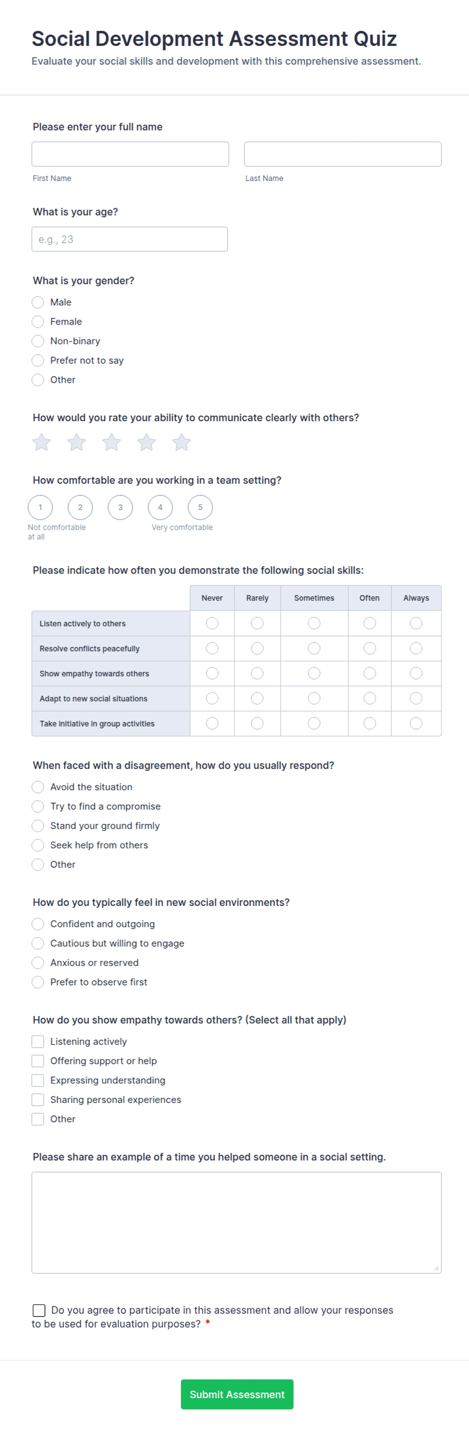 Social Development Assessment Quiz Form Template | Jotform