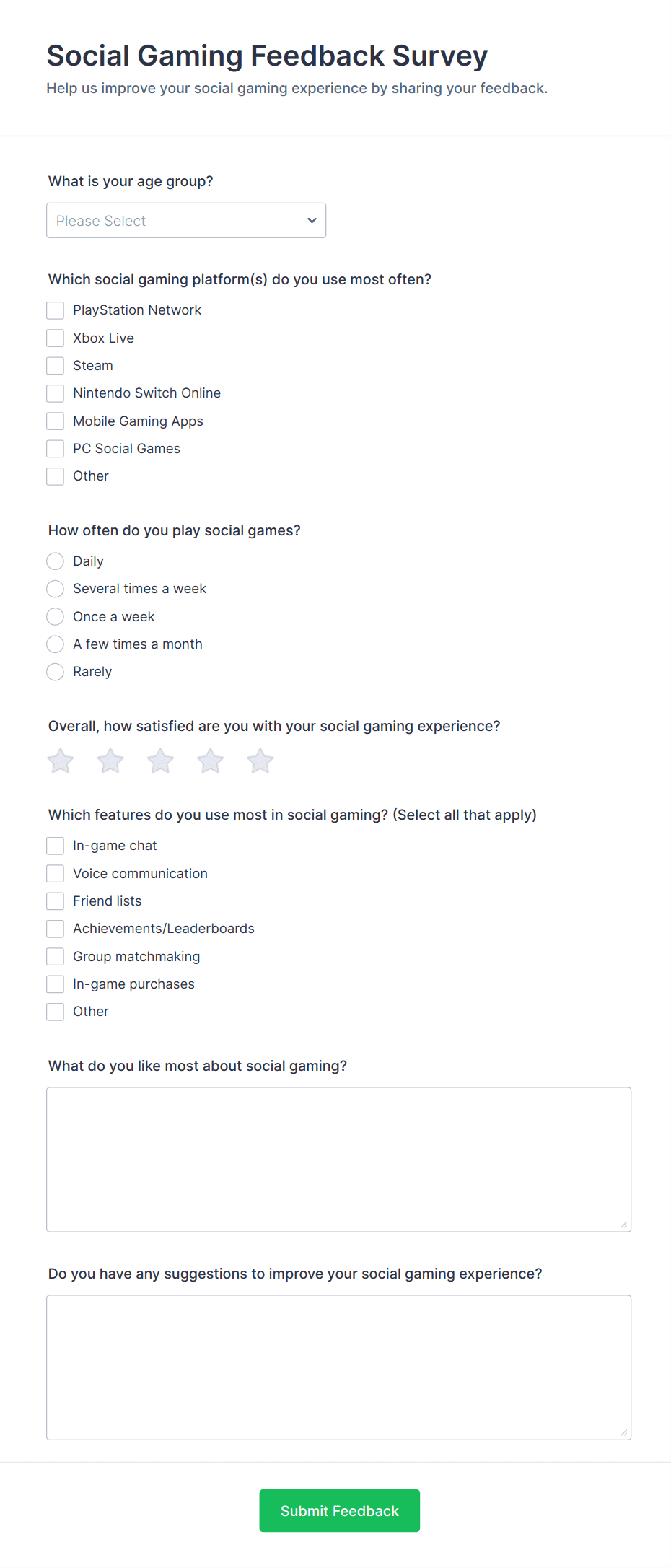 Social Gaming Feedback Survey Form Template | Jotform