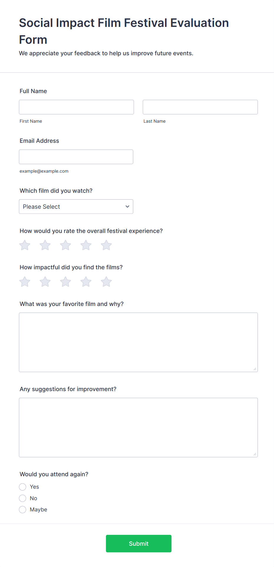 Social Impact Film Festival Evaluation Form Template | Jotform