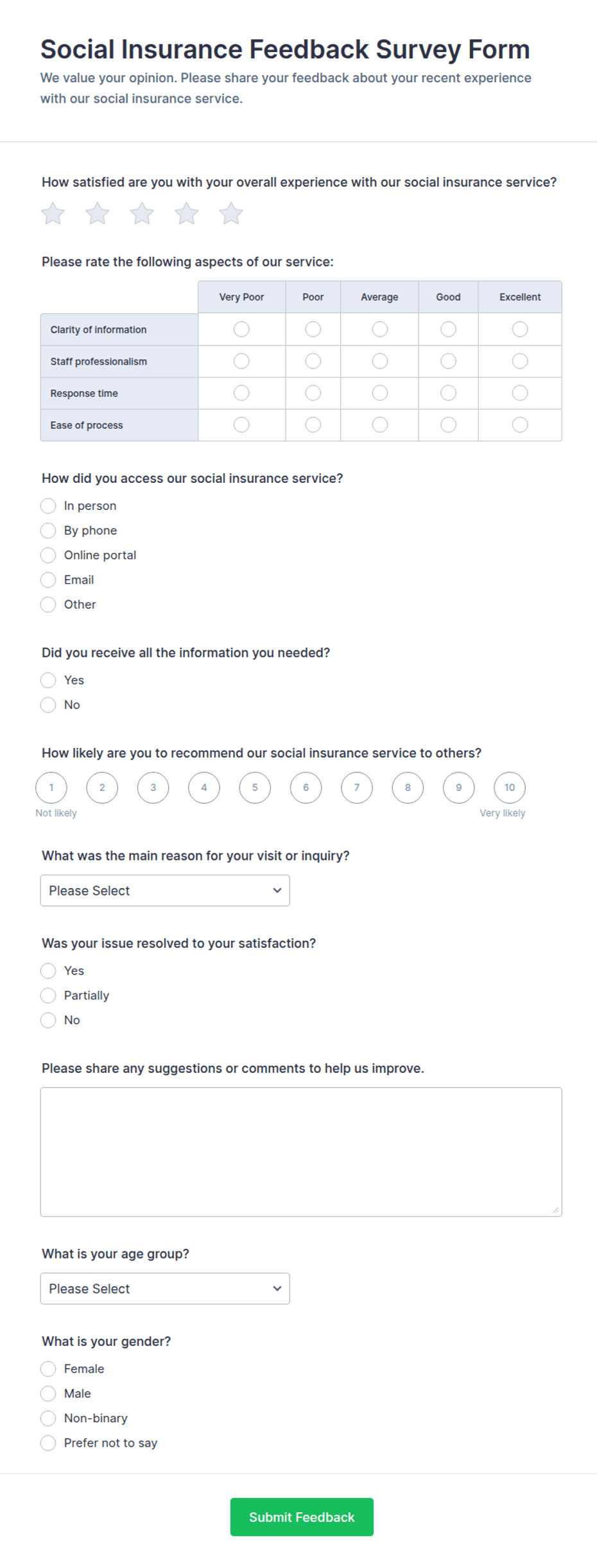 Social Insurance Feedback Survey Form Template | Jotform