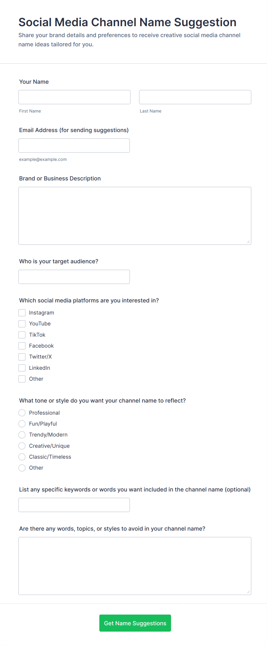 Social Media Channel Name Suggestion Form Template | Jotform