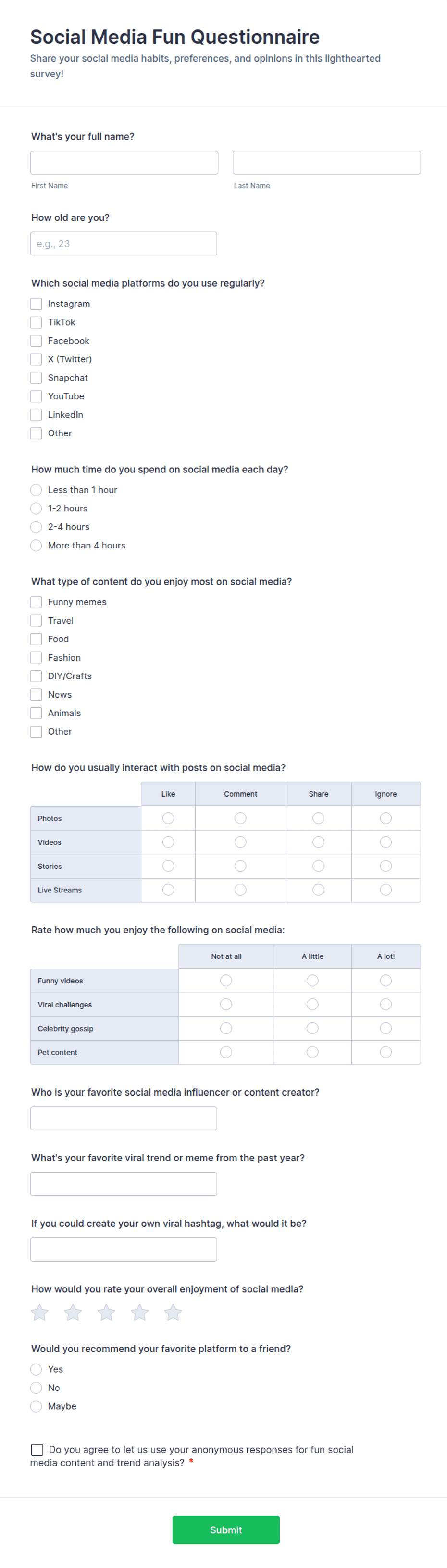 Social Media Fun Questionnaire Form Template | Jotform