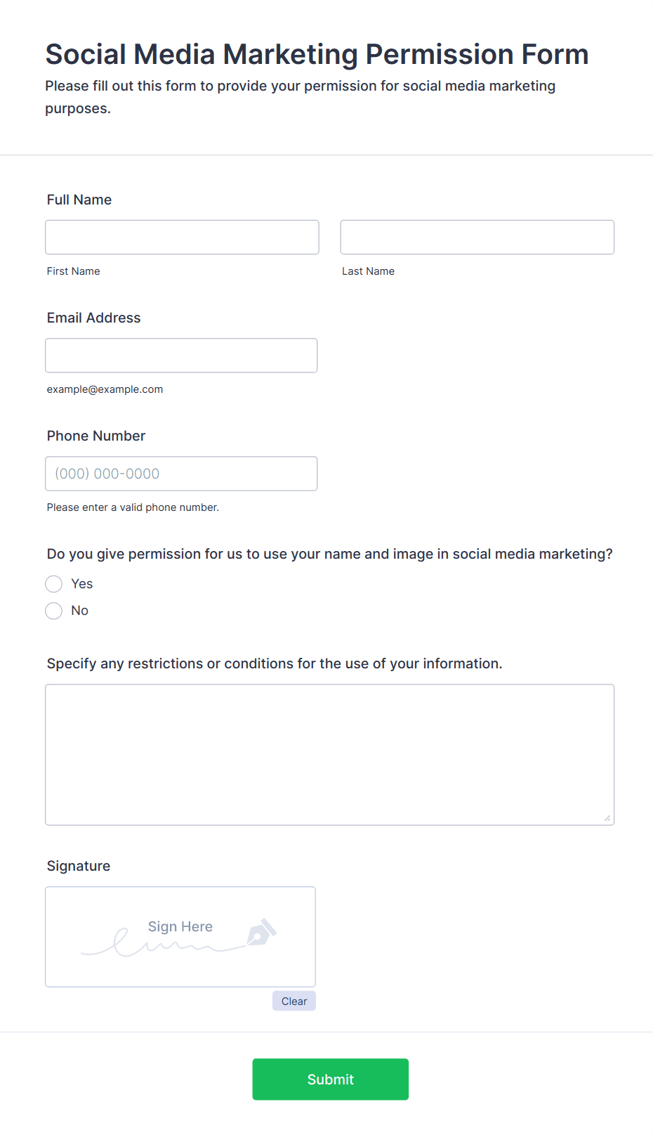 Social Media Marketing Permission Form Template | Jotform