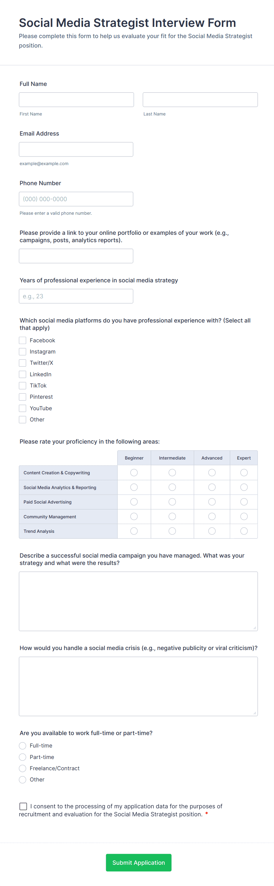 Social Media Strategist Interview Form Form Template | Jotform