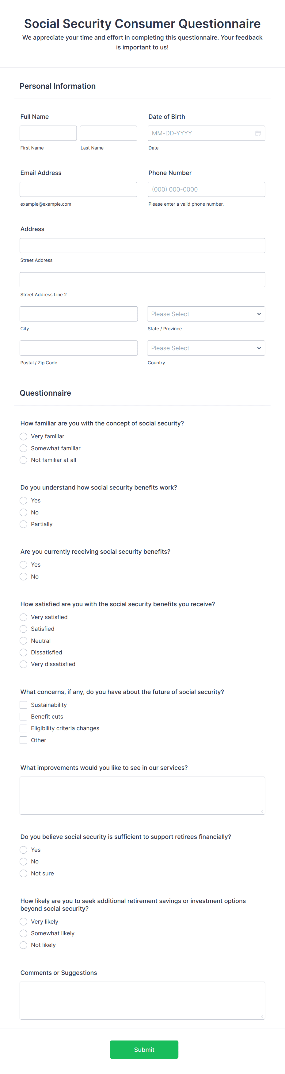 Social Security Consumer Questionnaire Form Template | Jotform