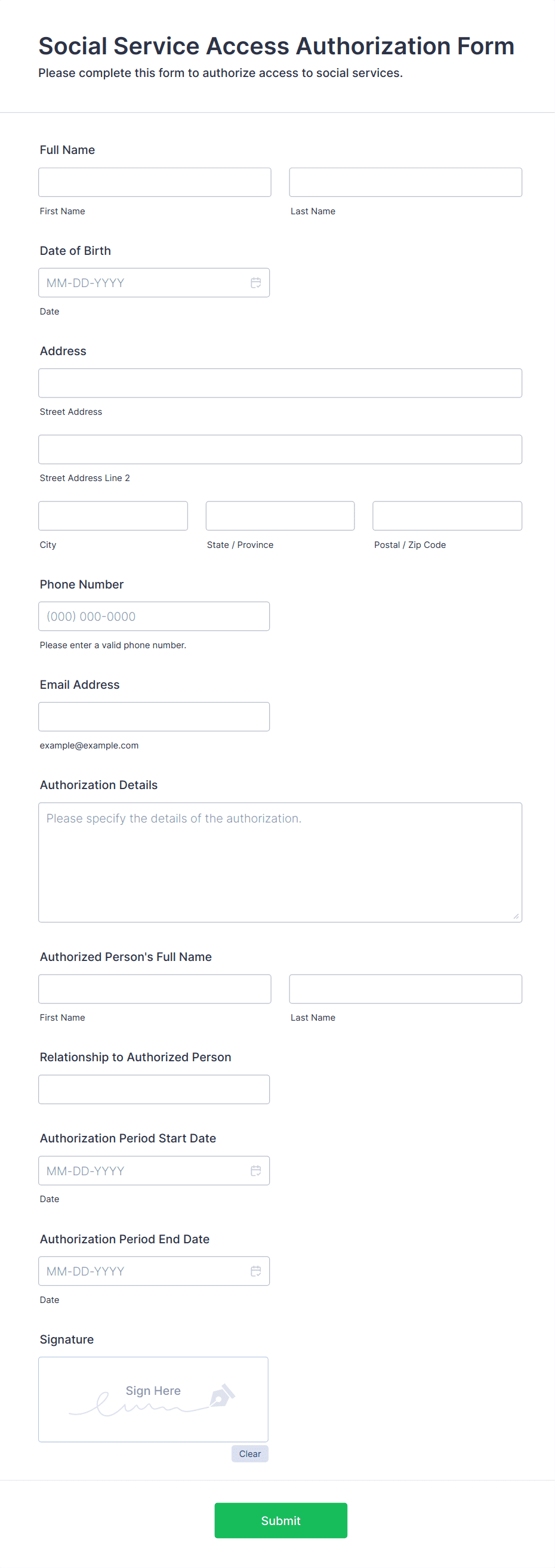 Social Service Access Authorization Form Template | Jotform