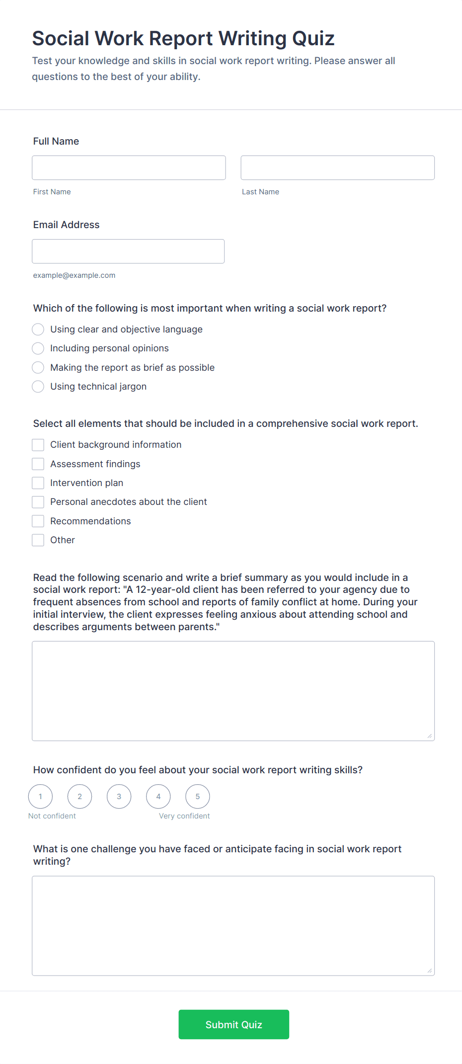 Social Work Report Writing Quiz Form Template | Jotform