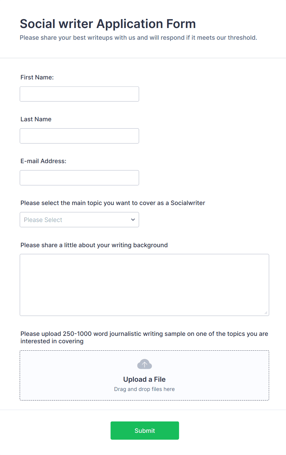 Social writer Application Form Template | Jotform