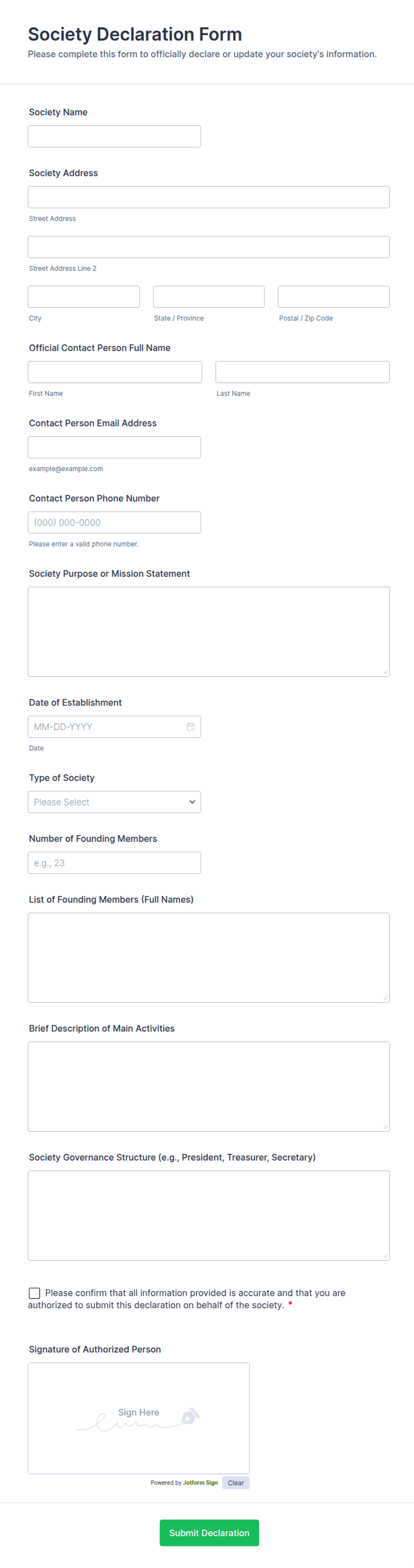 Society Declaration Form Template | Jotform