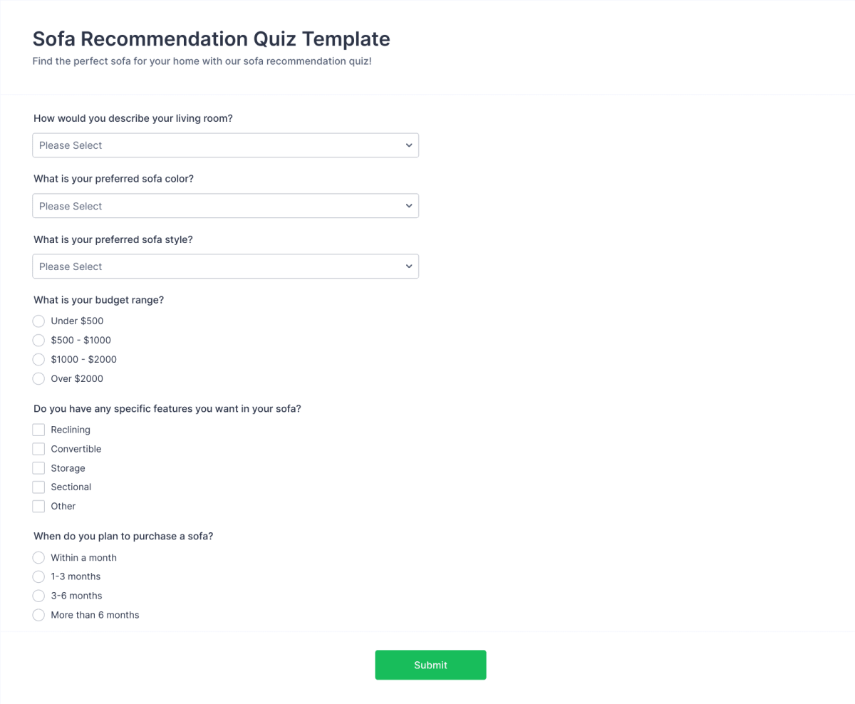 Sofa Recommendation Quiz Template Form Template | Jotform