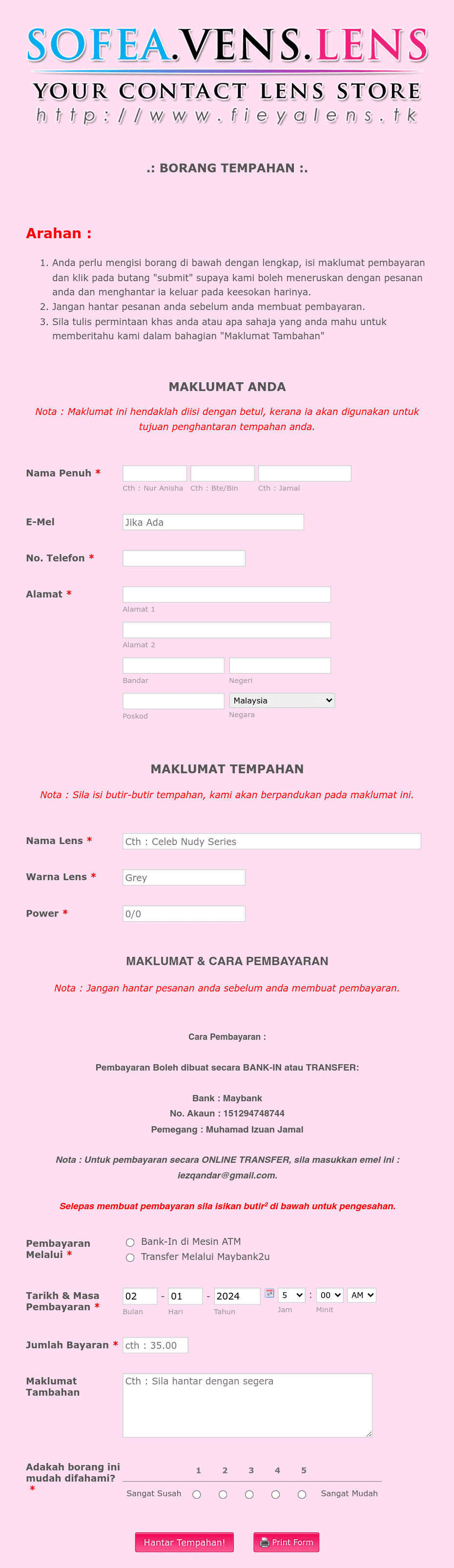 Sofea Vens Lens Order Form Template | Jotform