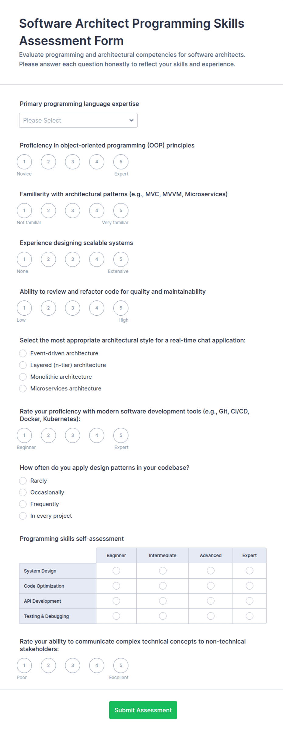 Software Architect Programming Skills Assessment Form Template | Jotform