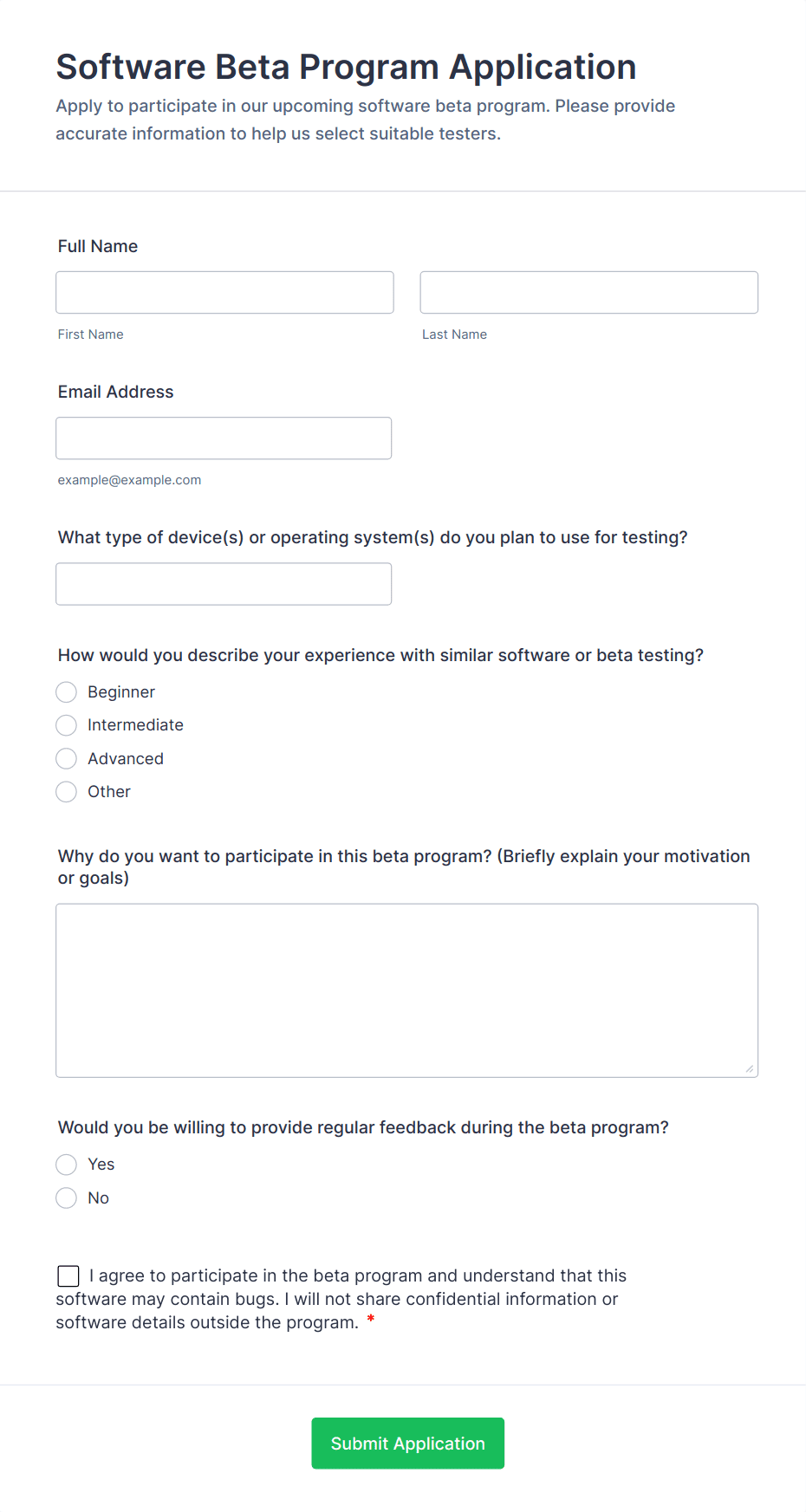 Software Beta Program Application Form Template | Jotform