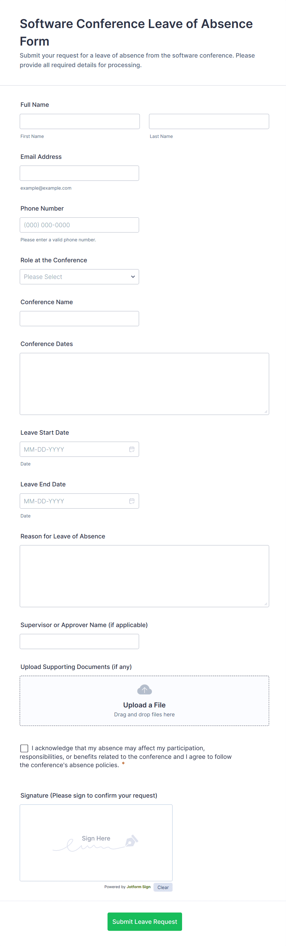 Software Conference Leave of Absence Form Template | Jotform