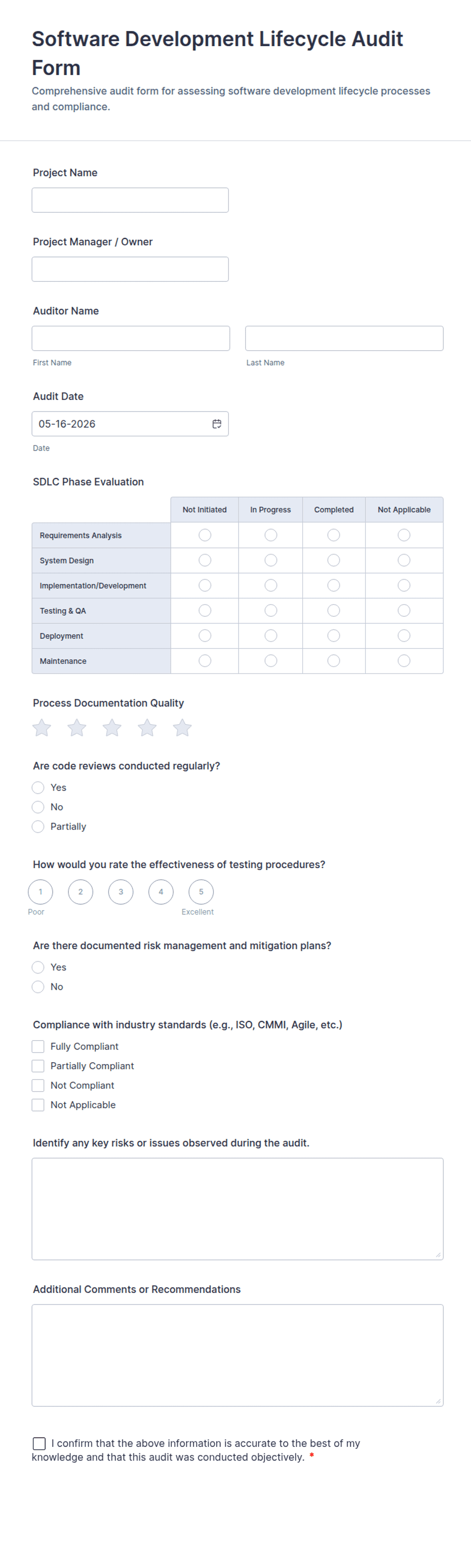 Software Development Lifecycle Audit Form Template | Jotform