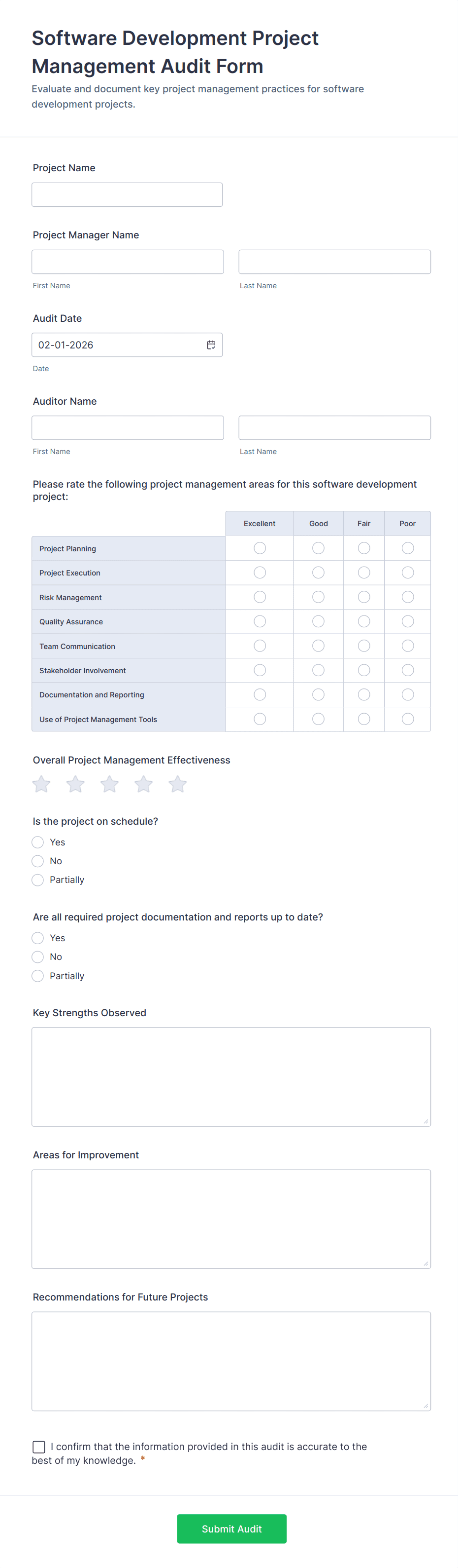 Software Development Project Management Audit Form Template | Jotform