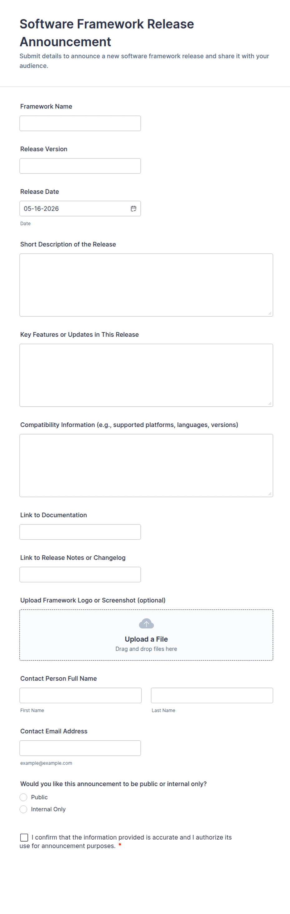 Software Framework Release Announcement Form Template | Jotform