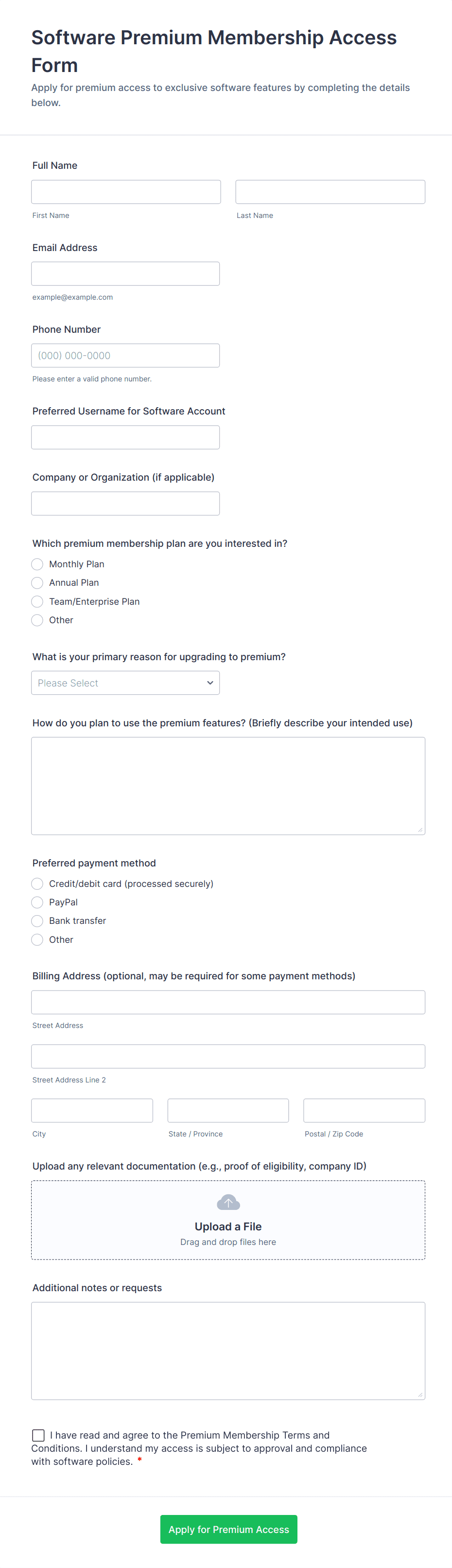 Software Premium Membership Access Form Template | Jotform