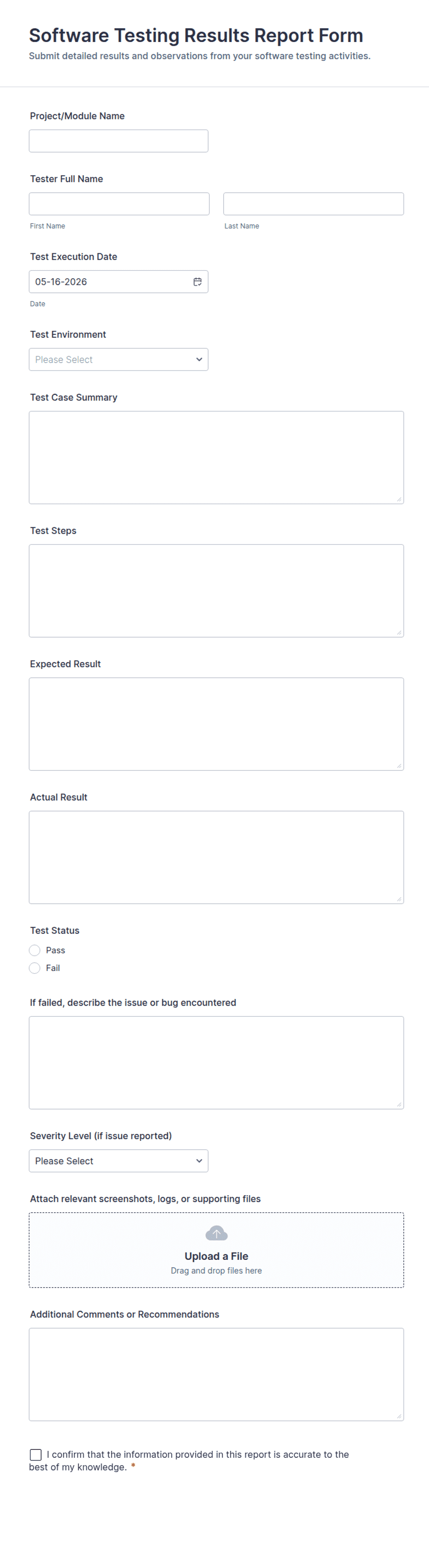 Software Testing Results Report Form Template | Jotform