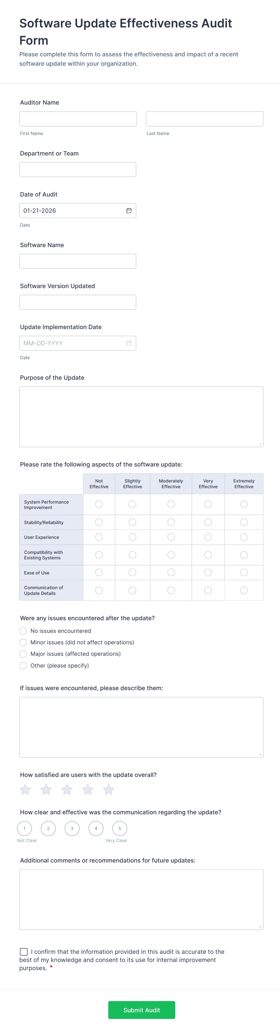 Software Update Effectiveness Audit Form Template | Jotform