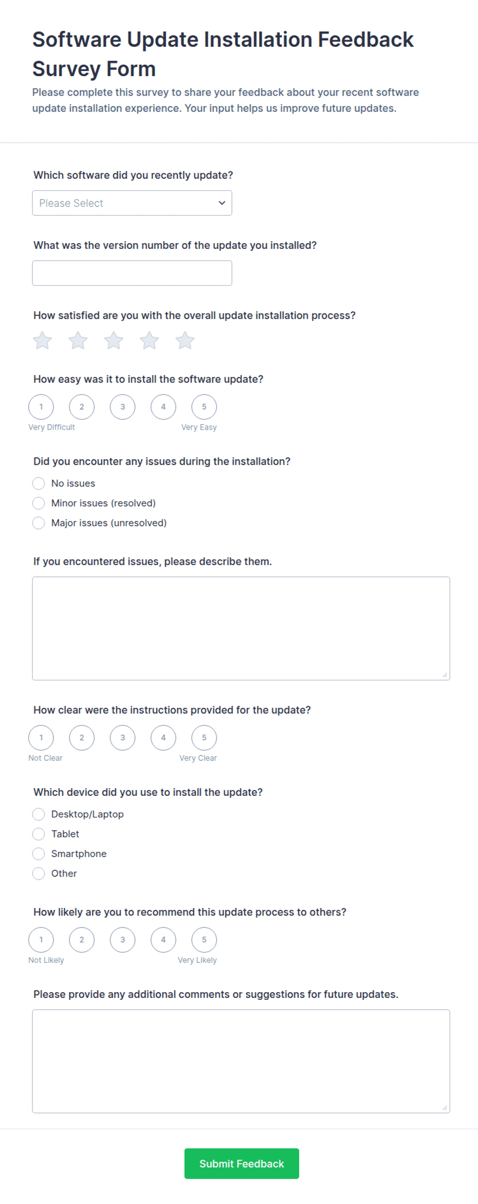 Software Update Installation Feedback Form Template | Jotform