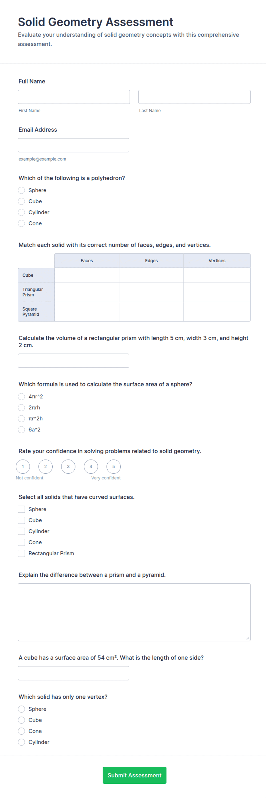 Solid Geometry Assessment Form Template | Jotform