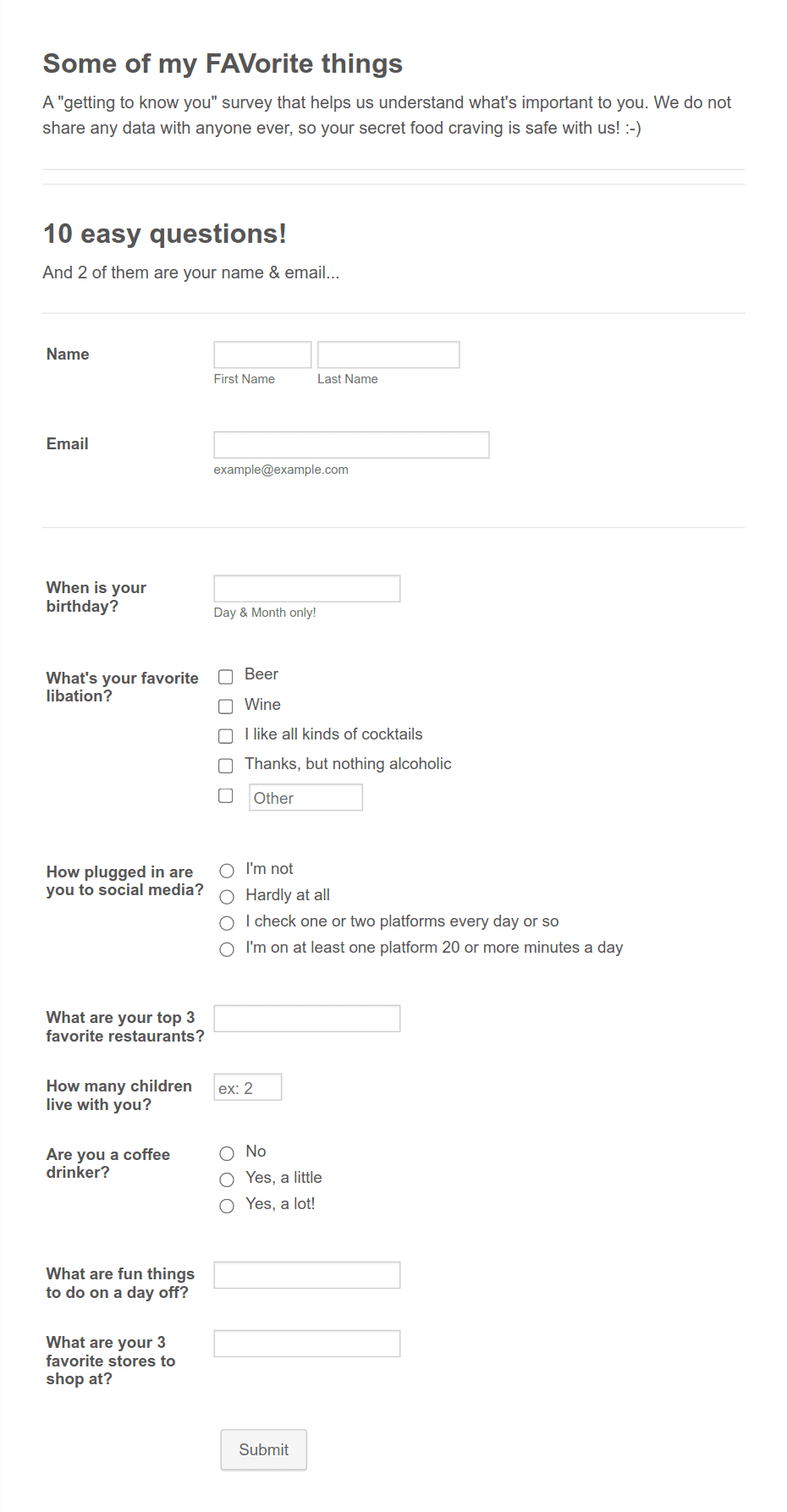 Some of my FAVorite things Form Template | Jotform