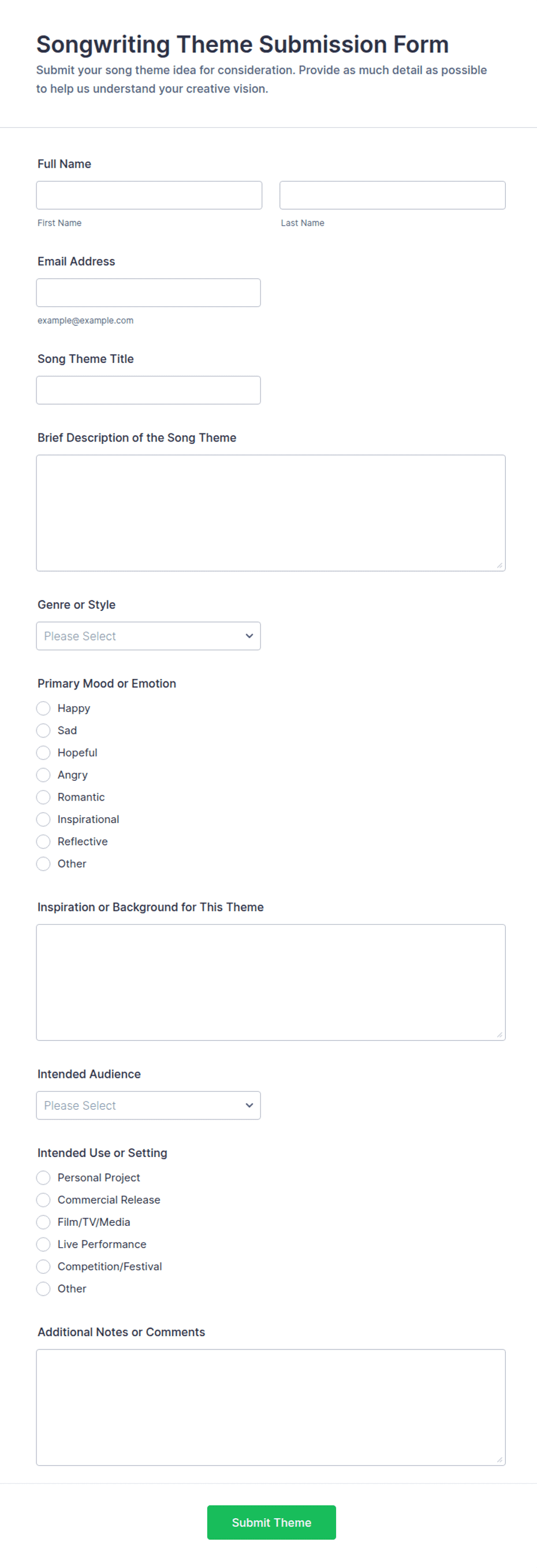 Songwriting Theme Submission Form Template | Jotform