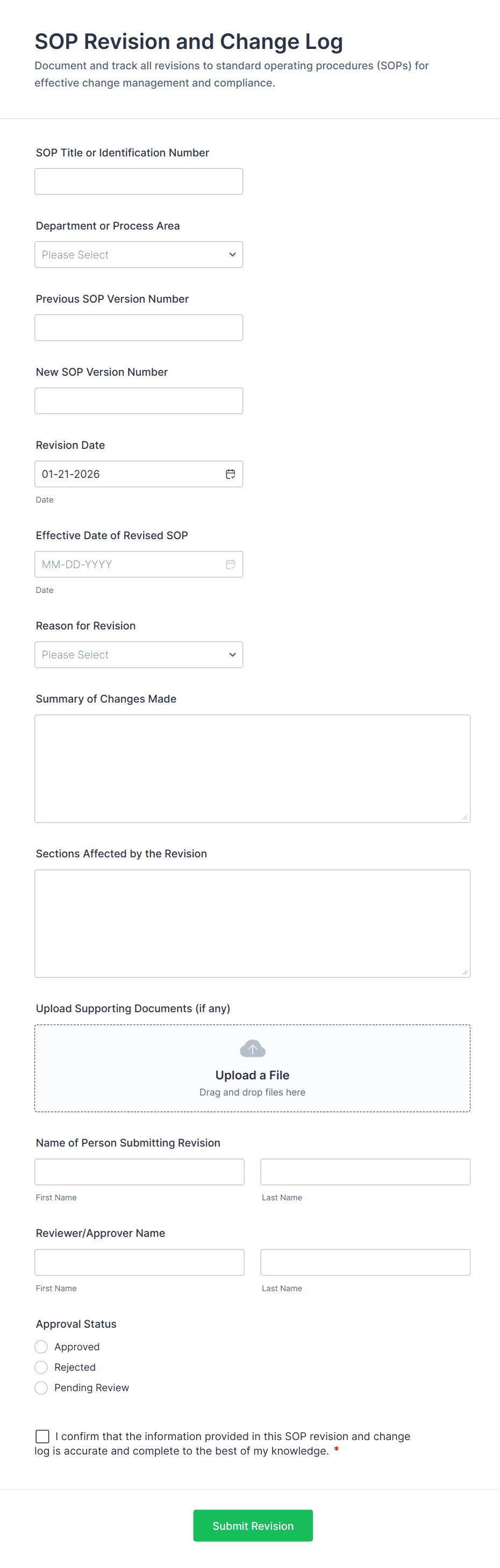 SOP Revision and Change Log Form Template | Jotform
