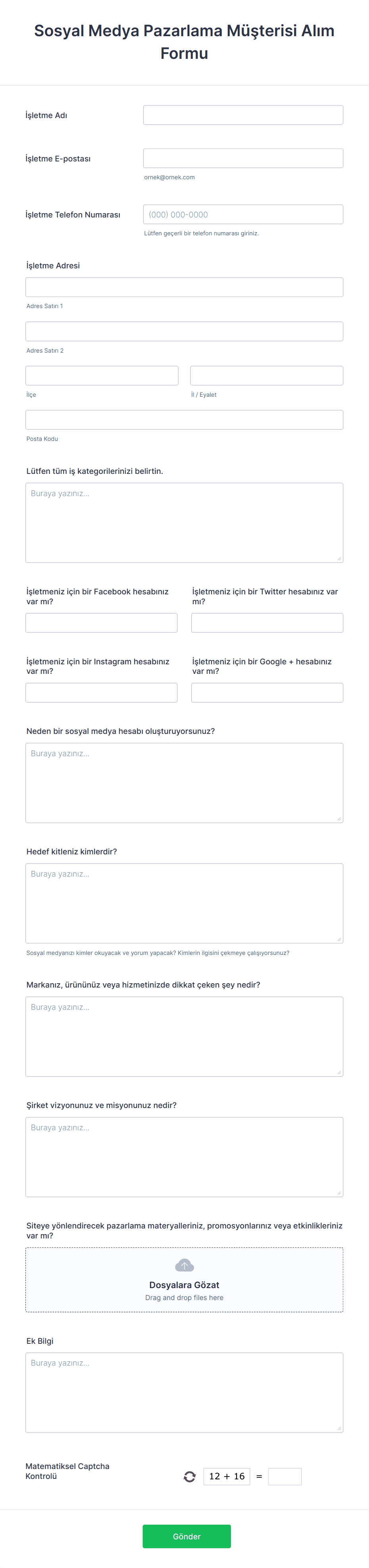 Sosyal Medya Pazarlama Müşterisi Alım Formu Örneği | Jotform