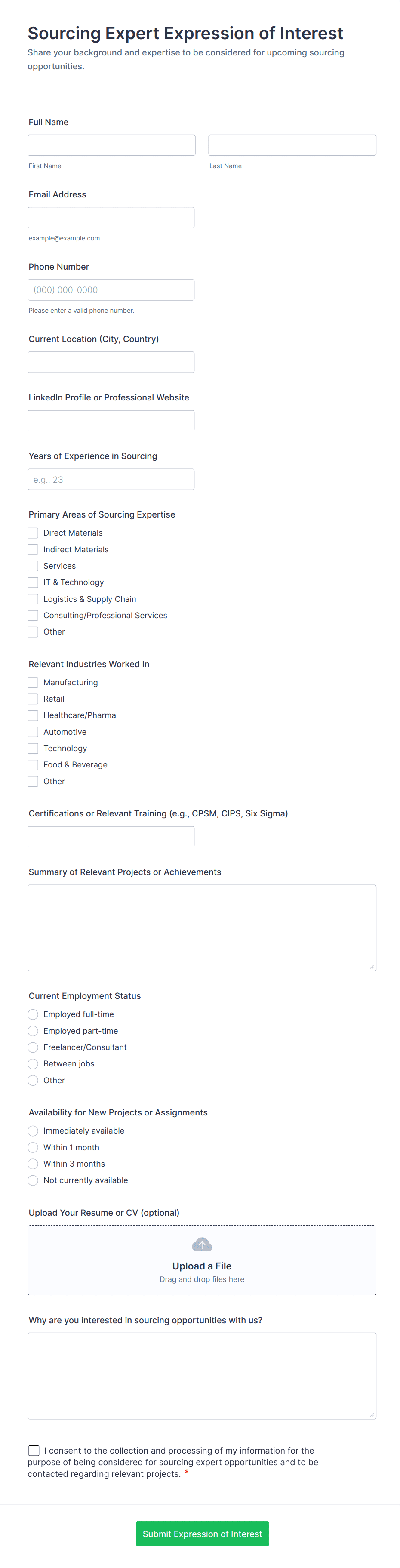 Sourcing Expert Expression of Interest Form Template | Jotform