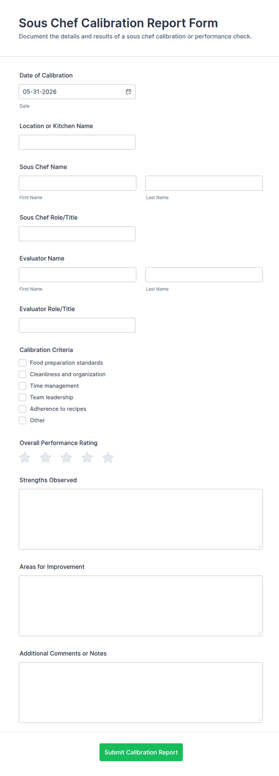 Sous Chef Calibration Report Form Template | Jotform