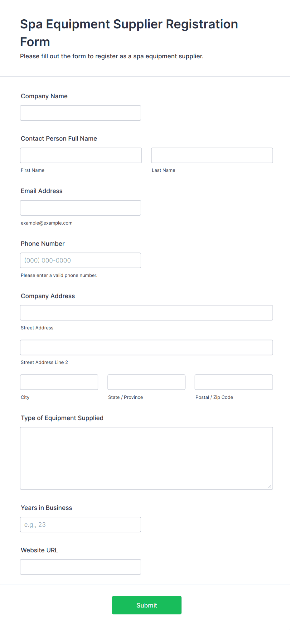 Spa Equipment Supplier Registration Form Template | Jotform