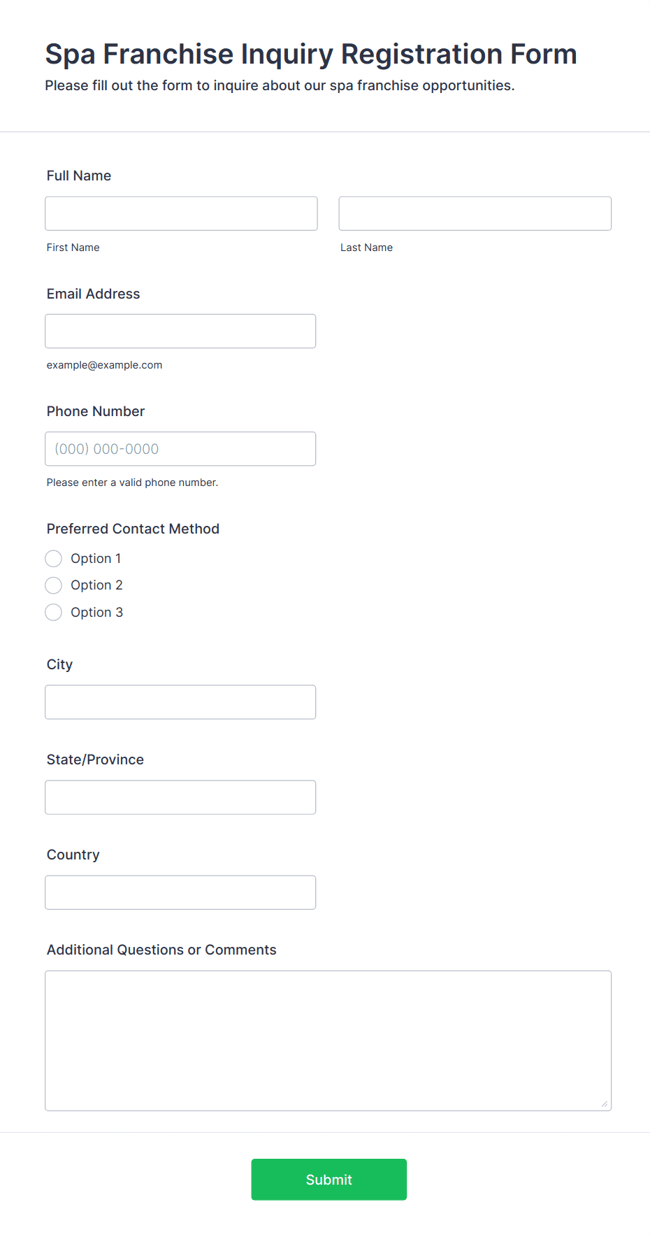 Spa Franchise Inquiry Registration Form Template | Jotform