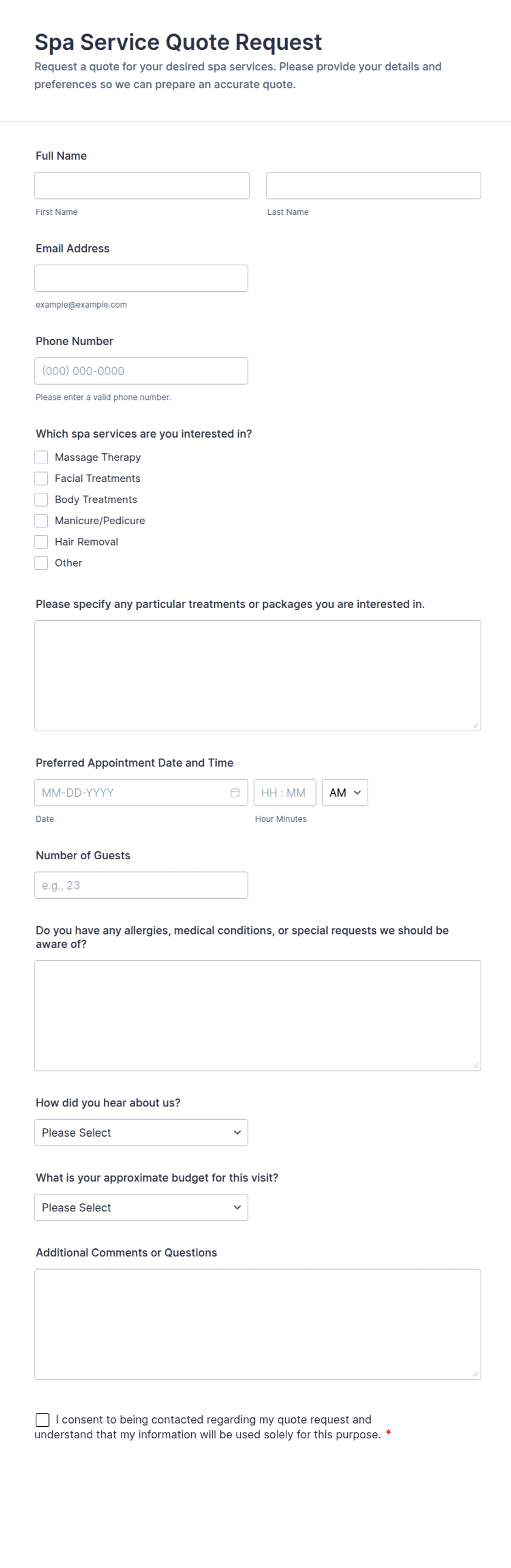 Spa Service Quote Request Form Template | Jotform