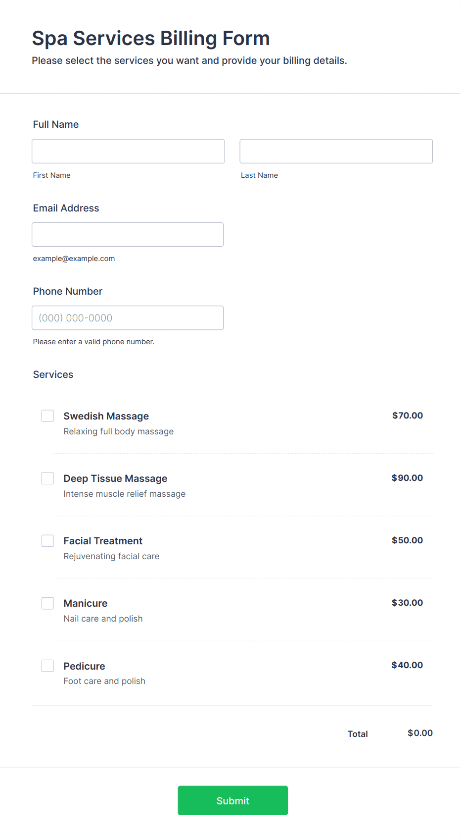 Spa Services Billing Form Template | Jotform