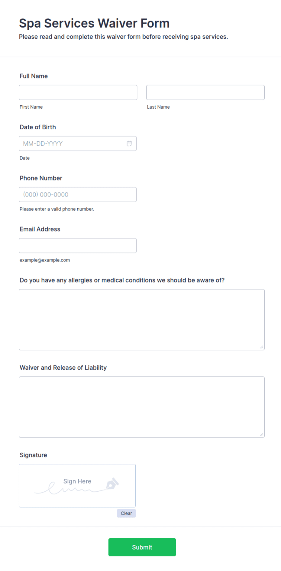 Spa Services Waiver Form Template | Jotform