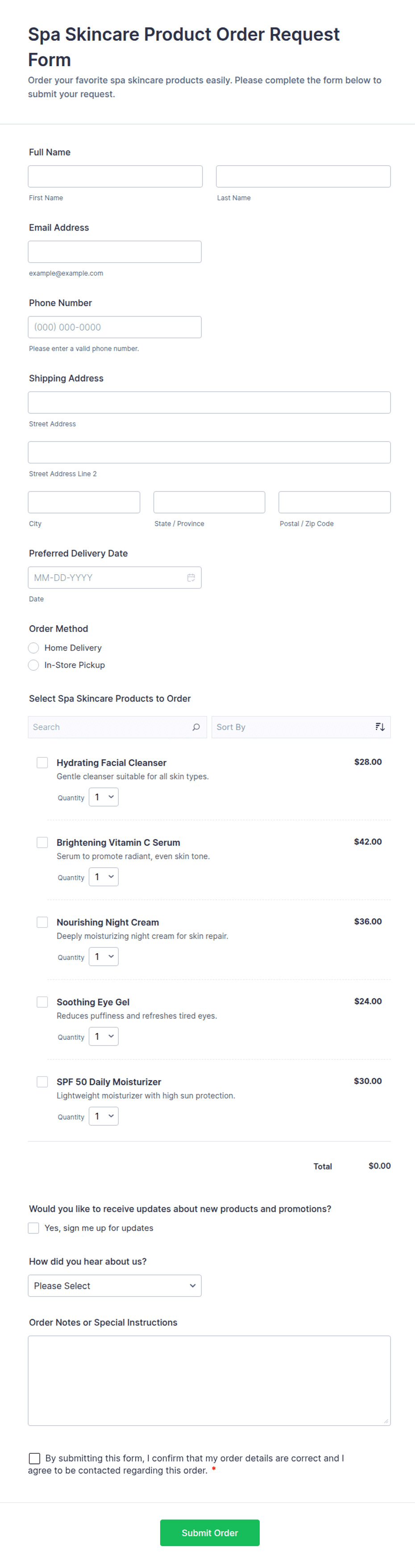 Spa Skincare Product Order Request Form Template | Jotform